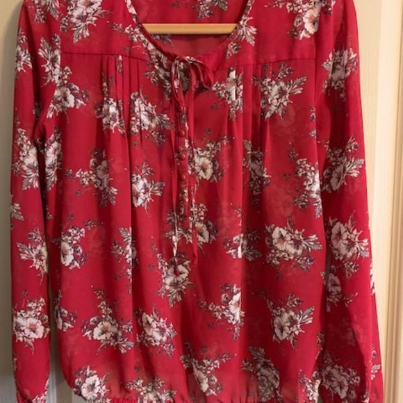 C | Tops | Womens Wine Floral Round Neck Light Airy Long Sleeve Top ...